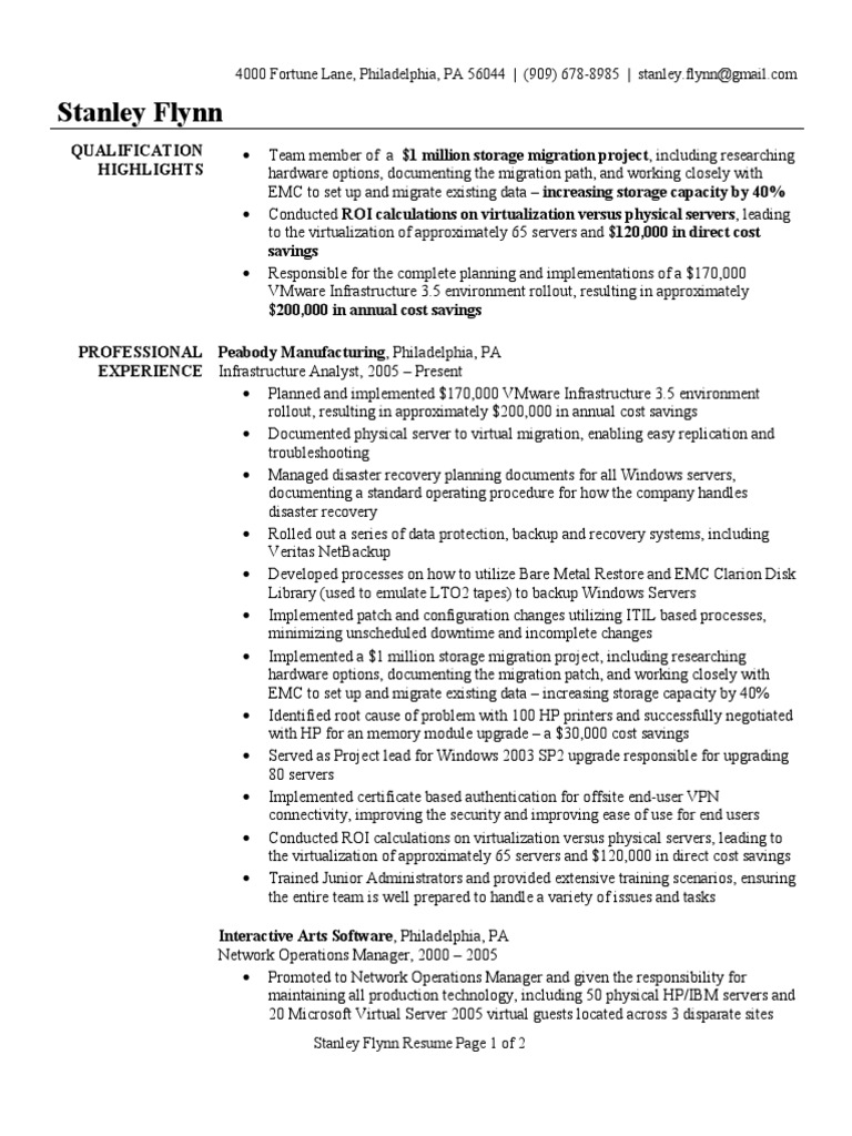 Infrastructure Analyst Resume Sample | Download Free PDF | Computer Data Storage | Virtualization