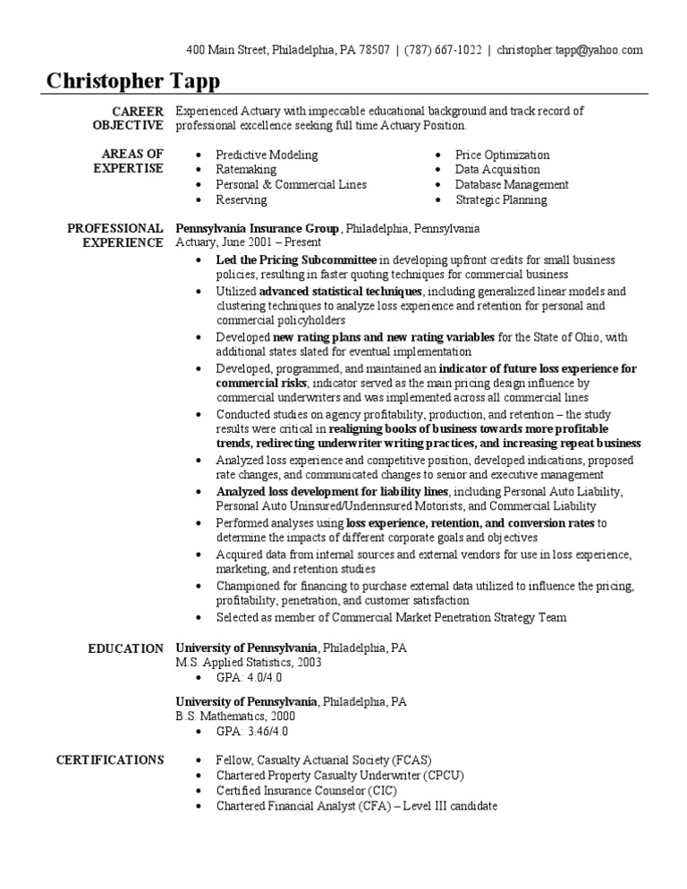 Actuary Resume Sample | PDF | Actuary | Underwriting
