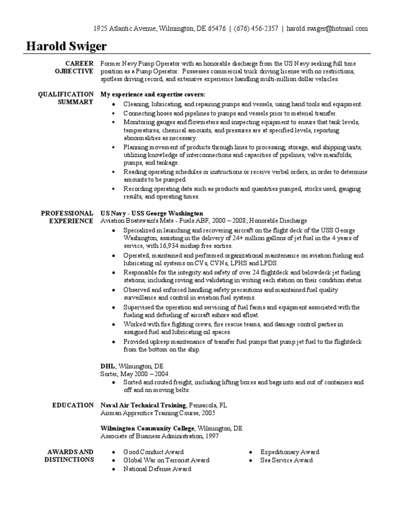 Pump Operator Resume Sample | PDF | United States Navy | Flight Deck