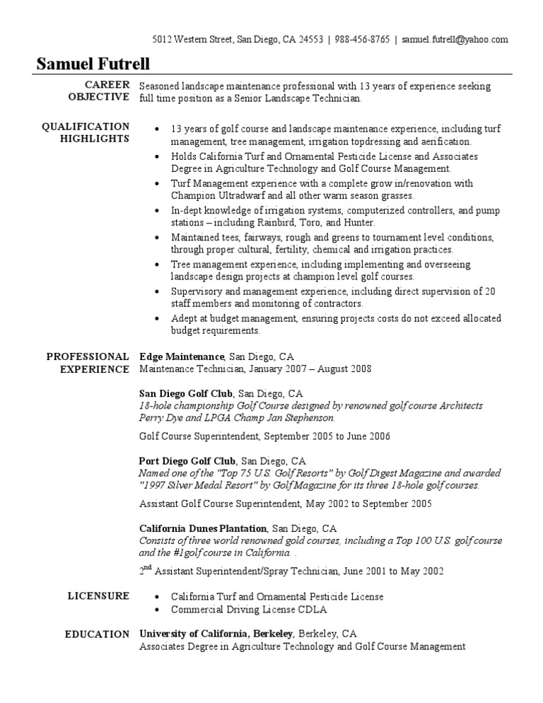 Golf Course Superintendent Resume Sample | PDF | Golf Course | Hobbies
