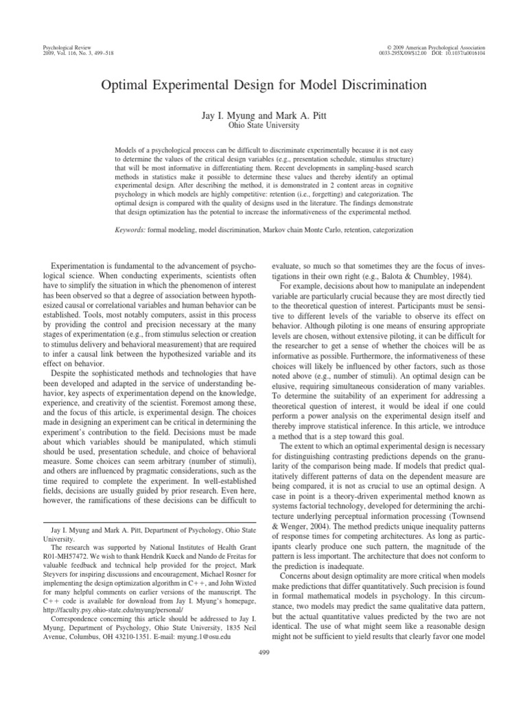 Optimal Experimental Design For Model Discrimination: Jay I. Myung and Mark A. Pitt | PDF ...