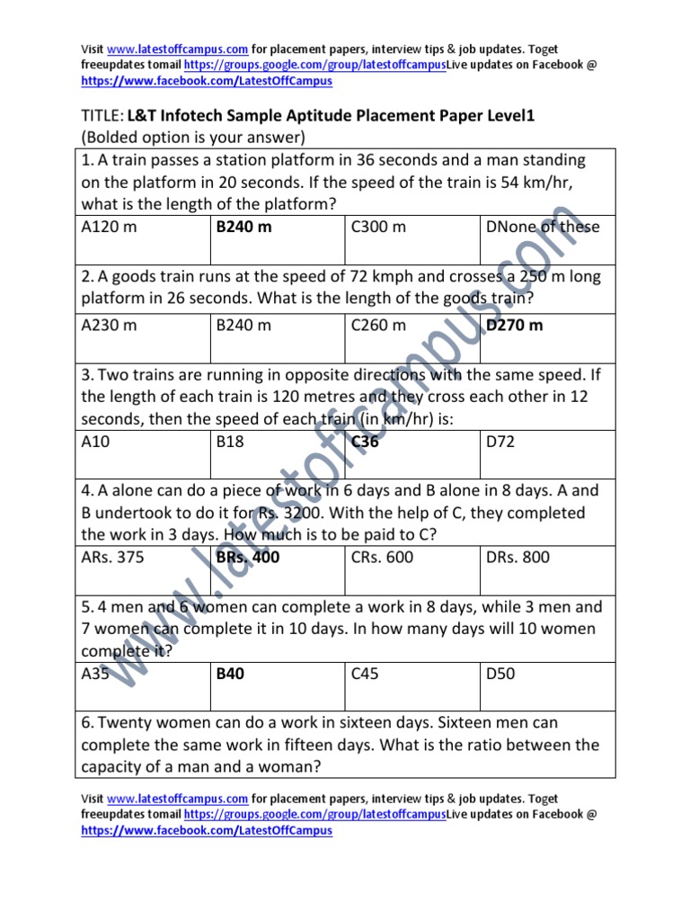 L&T Infotech Sample Aptitude Placement Paper Level1 | PDF
