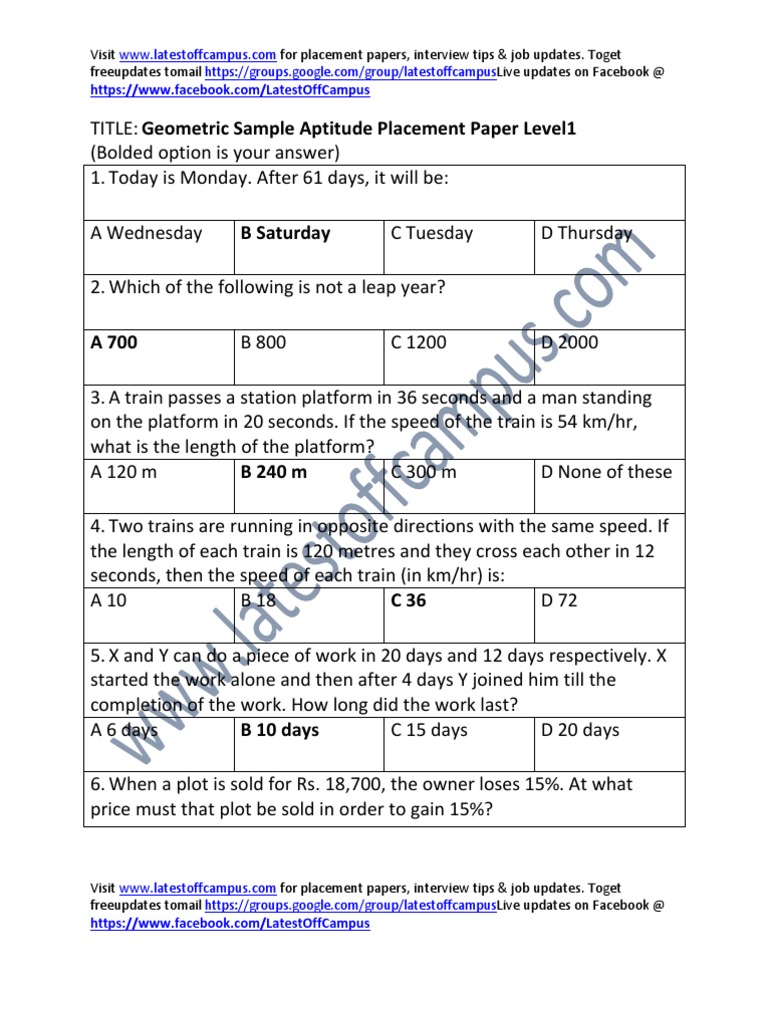 Geometric Sample Aptitude Placement Paper Level1 Pdf Nature Teaching Mathematics 
