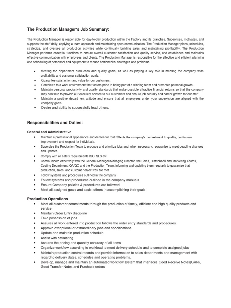 The Production Manager 'S Job Summary:: General and Administrative ...