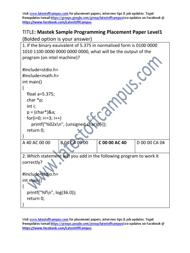 Mastek Sample Programming Placement Paper Level1 | PDF | C Sharp (Programming Language) | C ...