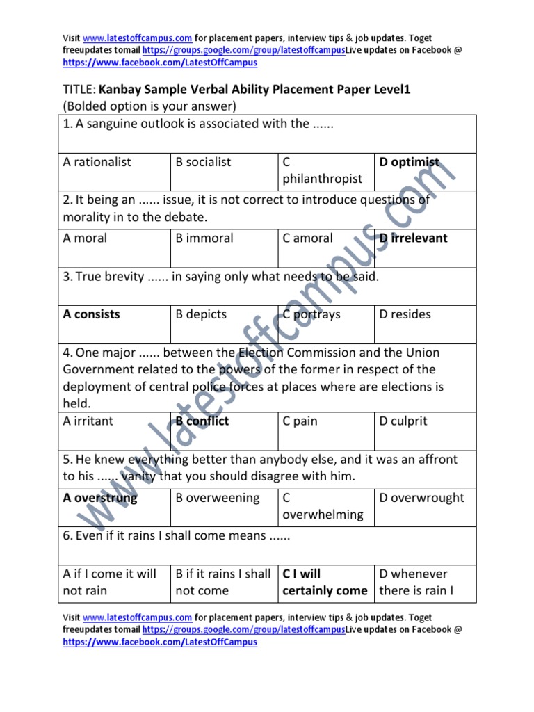 Kanbay Sample Verbal Ability Placement Paper Level1 | PDF