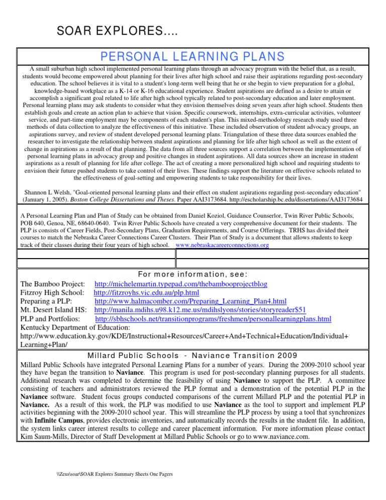 PLP personal learning plans (examples) | Goal | Thesis