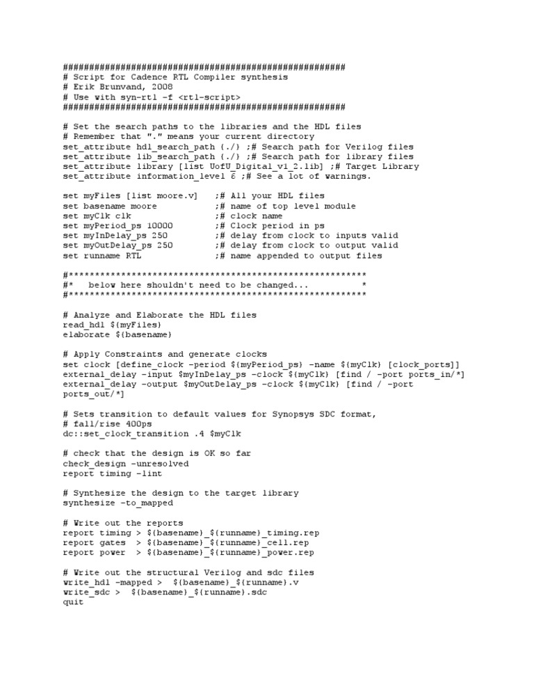 Script For Cadence RTL Compiler Synthesis | PDF