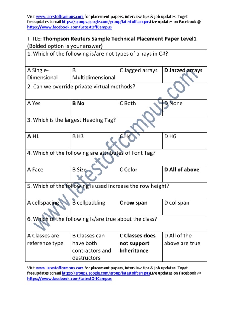 Thompson Reuters Sample Technical Placement Paper Level1 | PDF | C (Programming Language ...