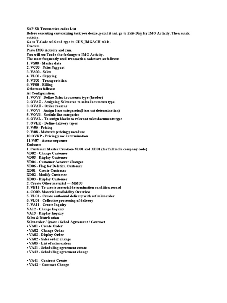 SAP SD Transaction Codes | PDF