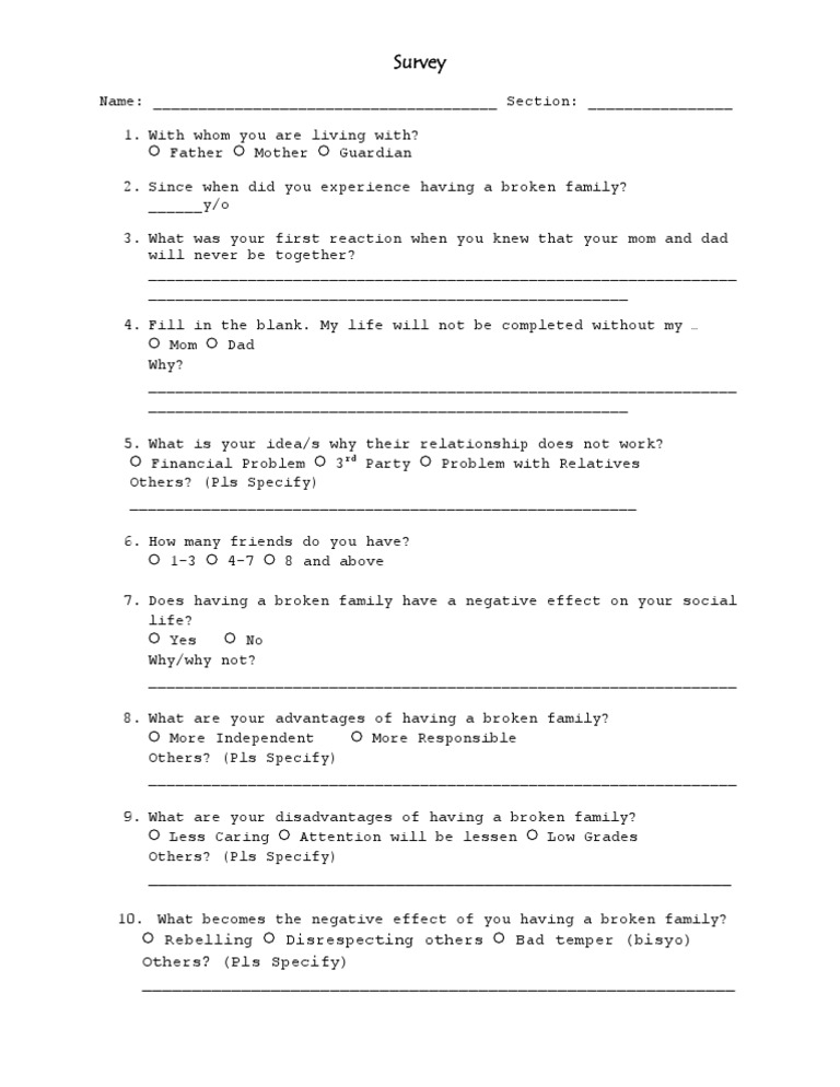 Broken Family Impact Survey Questionnaire | PDF | Psychological ...