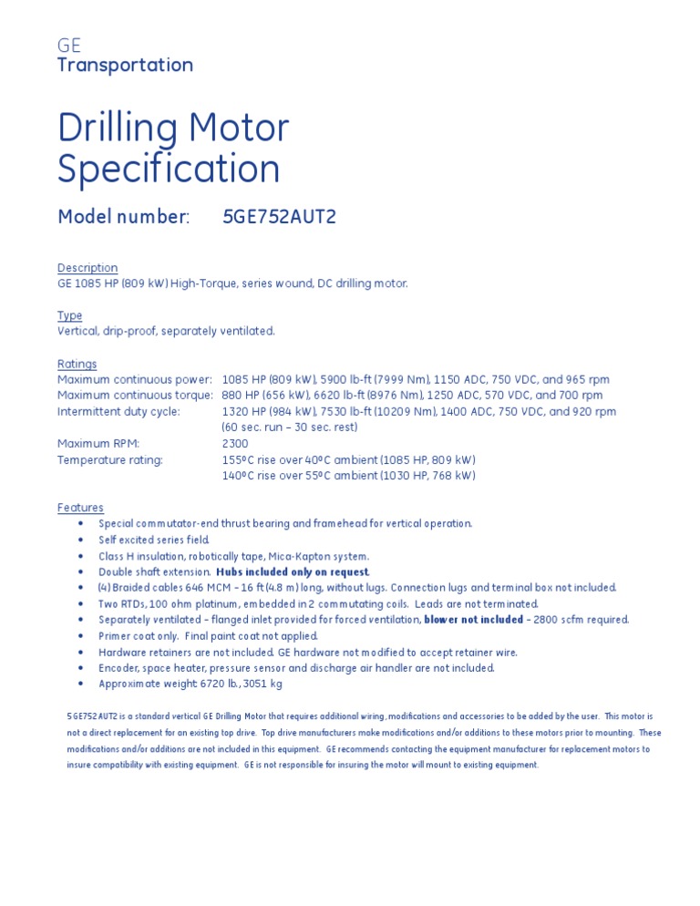 Drilling Motor Specification: GE Transportation | PDF