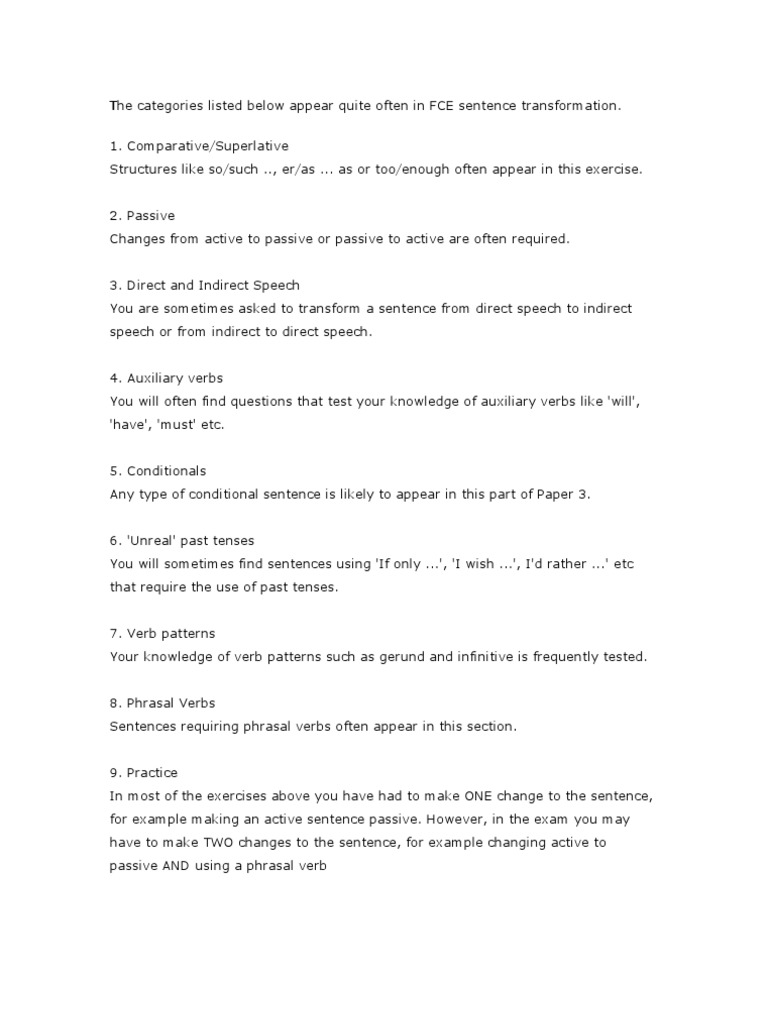 Typical FCE Sentence Transformation Areas | PDF