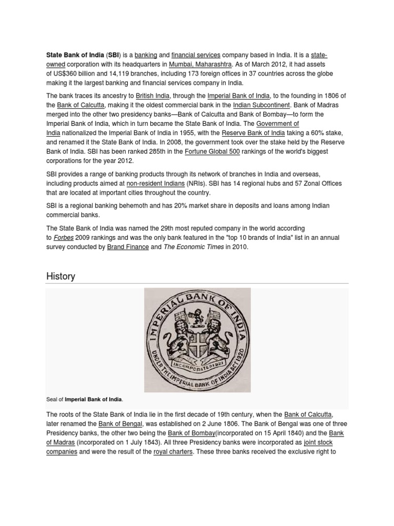 History and Overview of SBI Bank | PDF | Banking | Banks