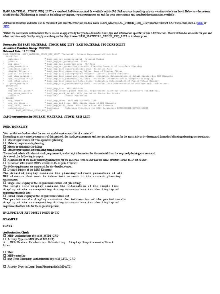 Bapi Material Stock Req List | PDF | Parameter (Computer Programming) | Data Management