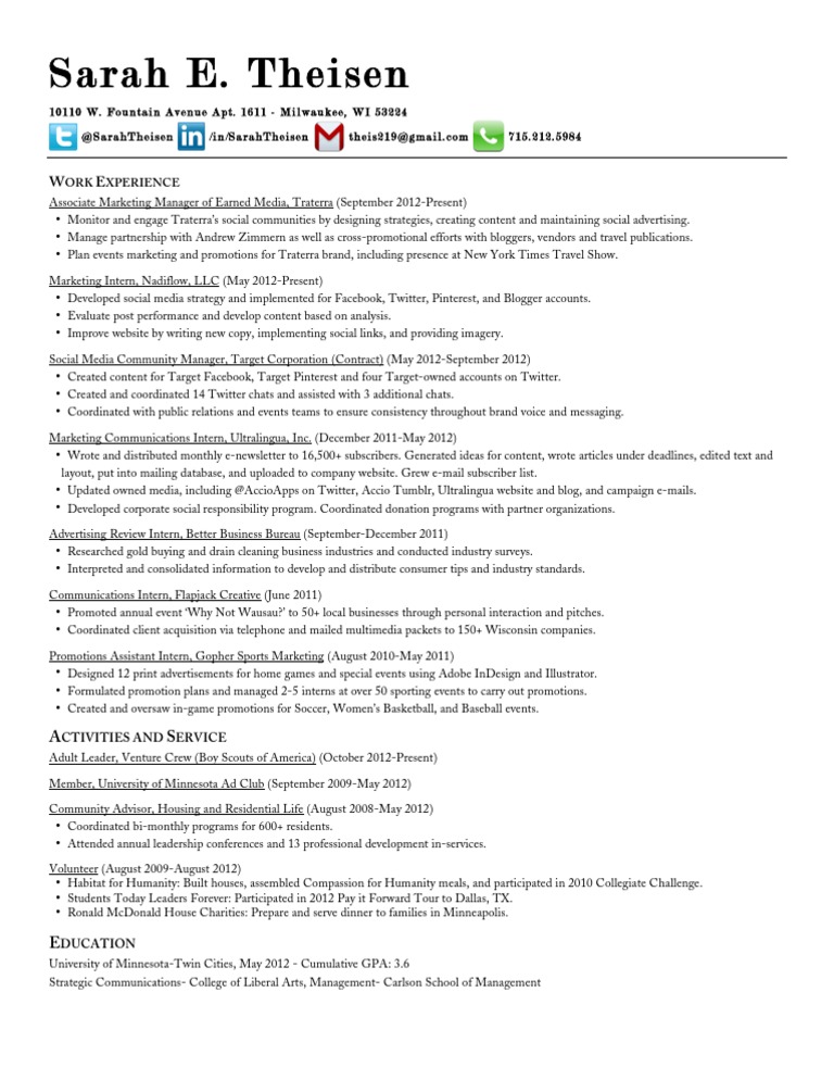 Sarah Resume Jan 2013 | PDF | Twitter | Pinterest