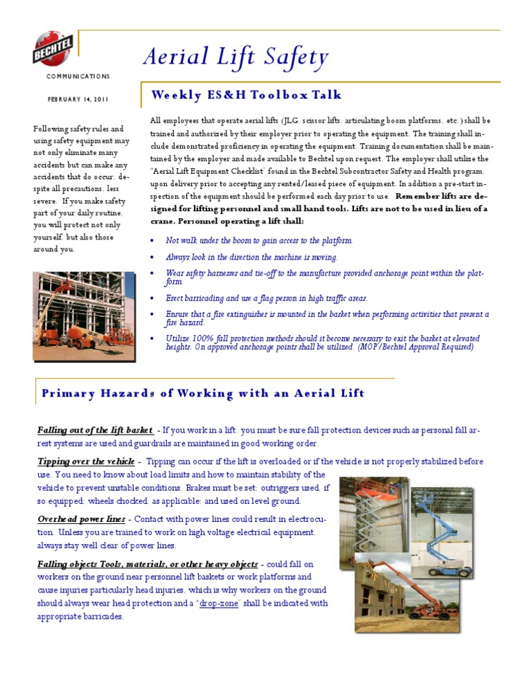 Aerial Lift Safety: Weekly ES&H Toolbox Talk | PDF | Elevator | Safety