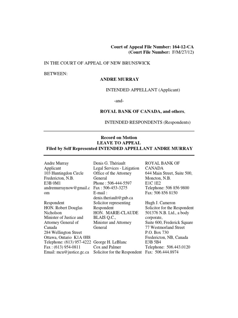 Appeal Motion Record: Andre Murray vs RBC | PDF