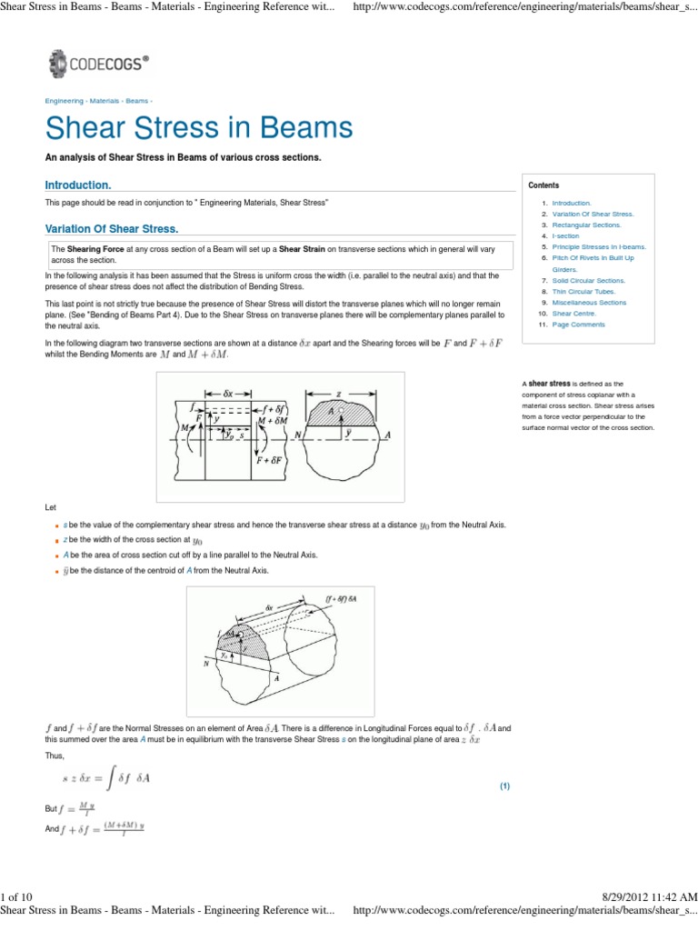 An Analysis of Shear Stress in Beams of Various Cross Sections ...