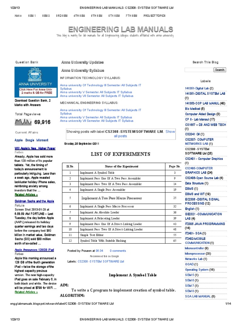 Engineering Lab Manuals - CS2308 - System Software LM PDF | PDF ...
