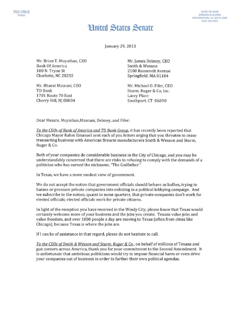 Letter From Senator Ted Cruz To Chicago Mayor Rahm Emanuel, Bank of ...