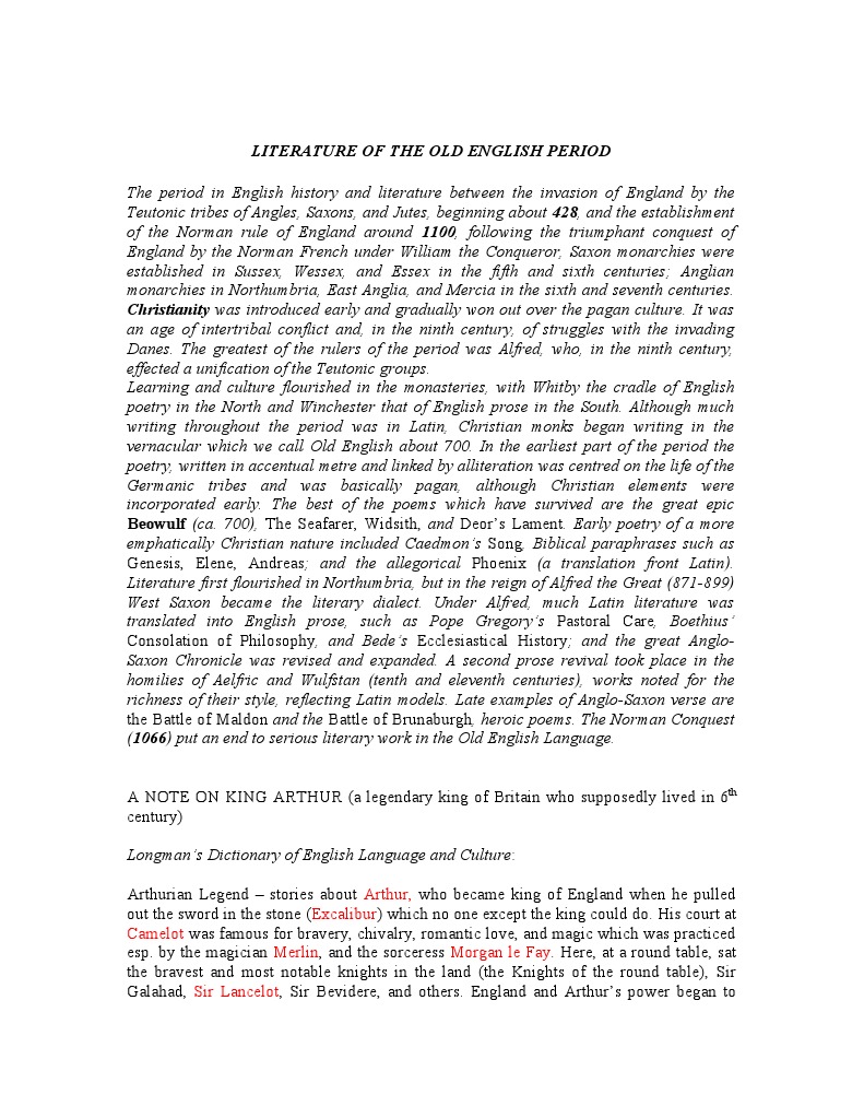 Literature of The Old English Period | PDF | King Arthur | Anglo Saxons