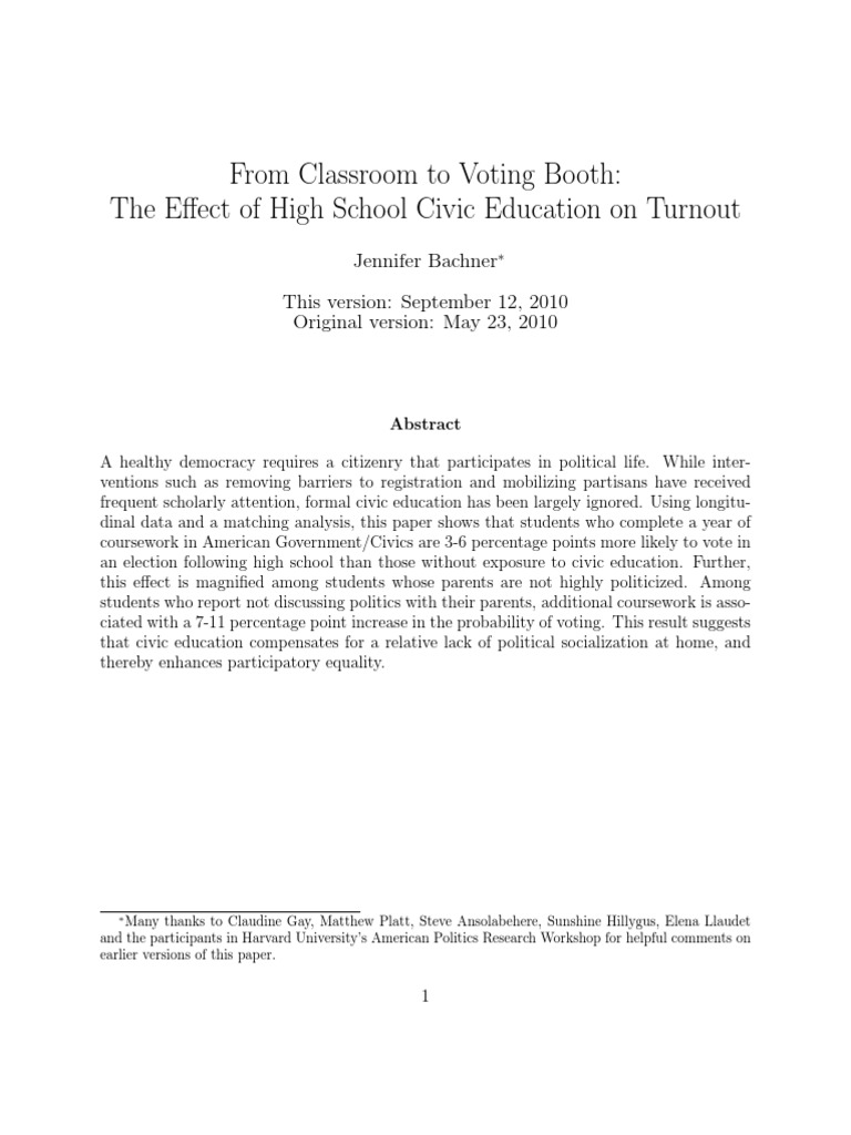 From Classroom To Voting Booth: The Eff Ect of High School Civic ...