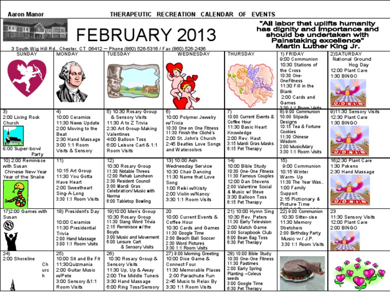 Aaron Manor February 2013 Recreation Calendar | PDF | Sports ...