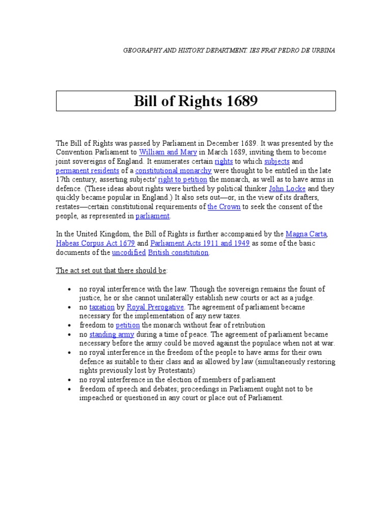 Bill of Rights 1689 | PDF