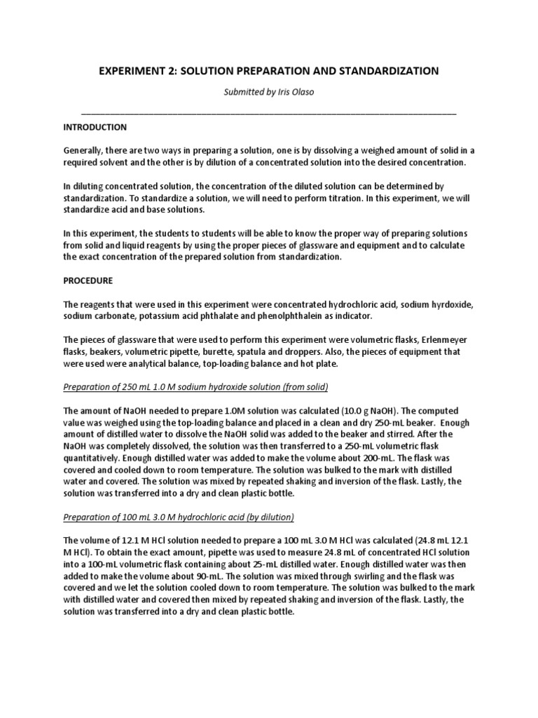 Solution Preparation And Standardization Pdf Titration Chemistry