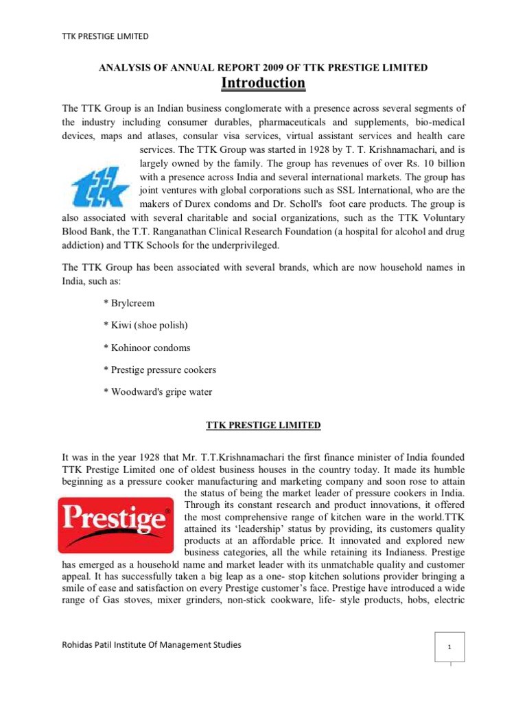 Analysis of Annual Report 2009 of TTK Prestige Limited | PDF | Technology & Engineering