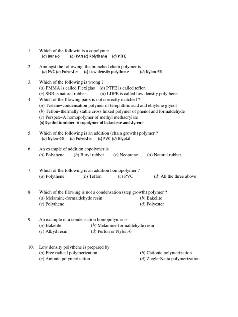 Polymer questions on copolymers, addition polymers, condensation ...
