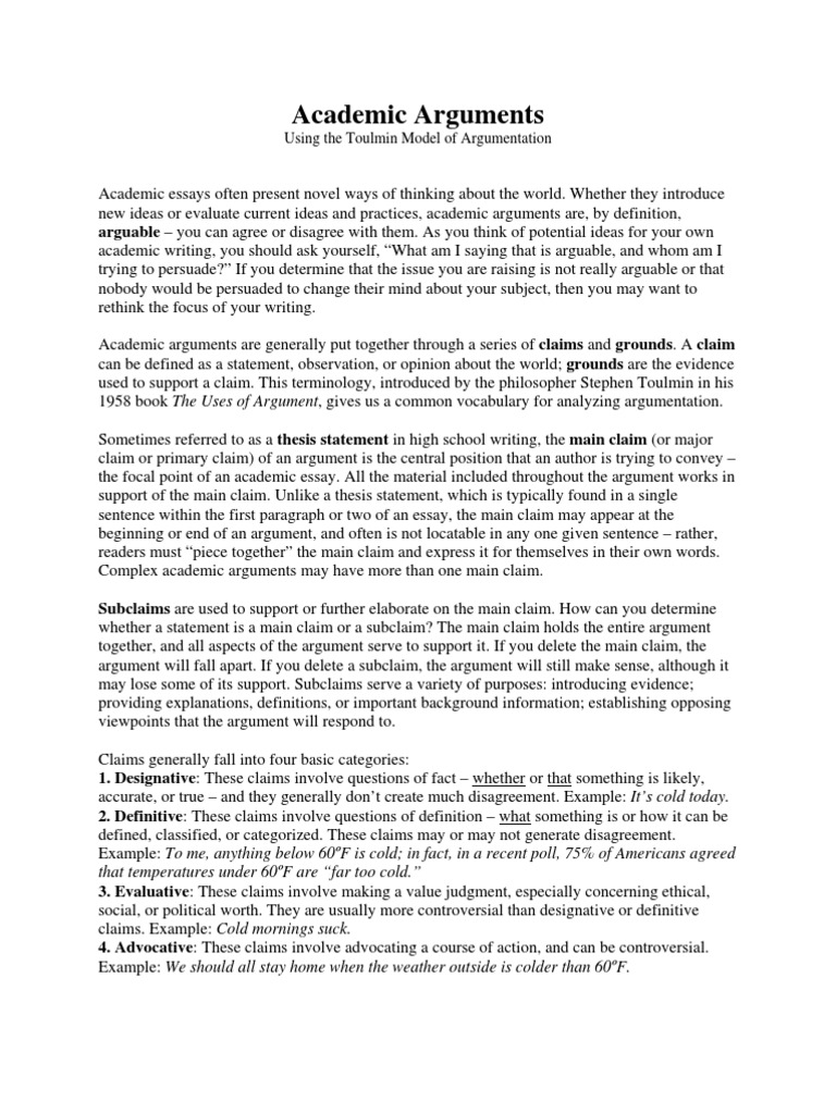 Academic Arguments: Using The Toulmin Model of Argumentation | PDF | Argumentation Theory | Argument