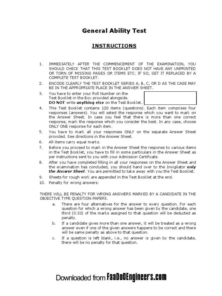 General Ability Test: Instructions | Download Free PDF | Test ...