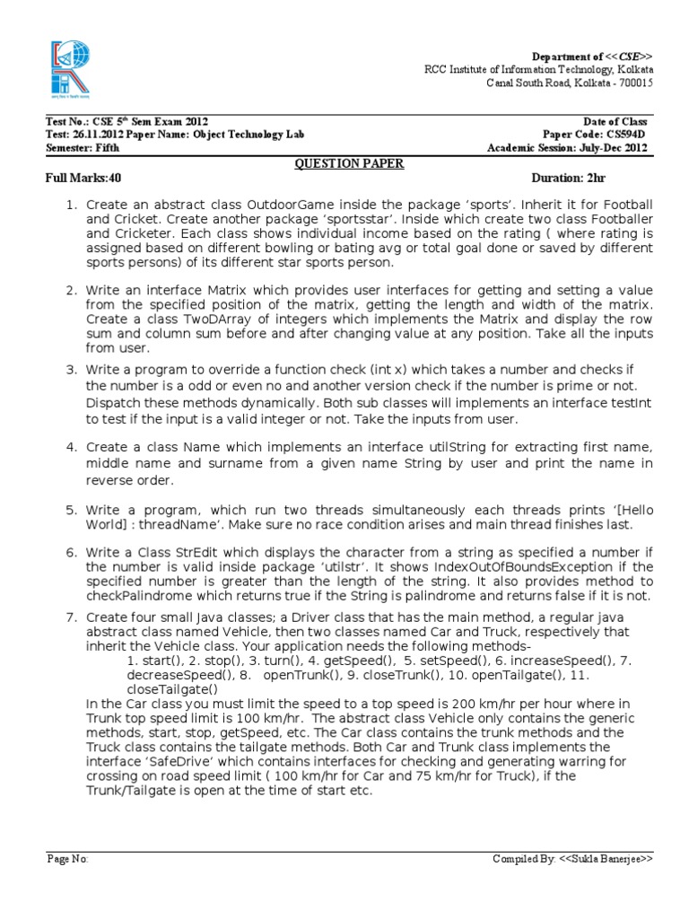 Question Paper Full Marks40 Duration 2hr Pdf Java Programming Language Class Computer