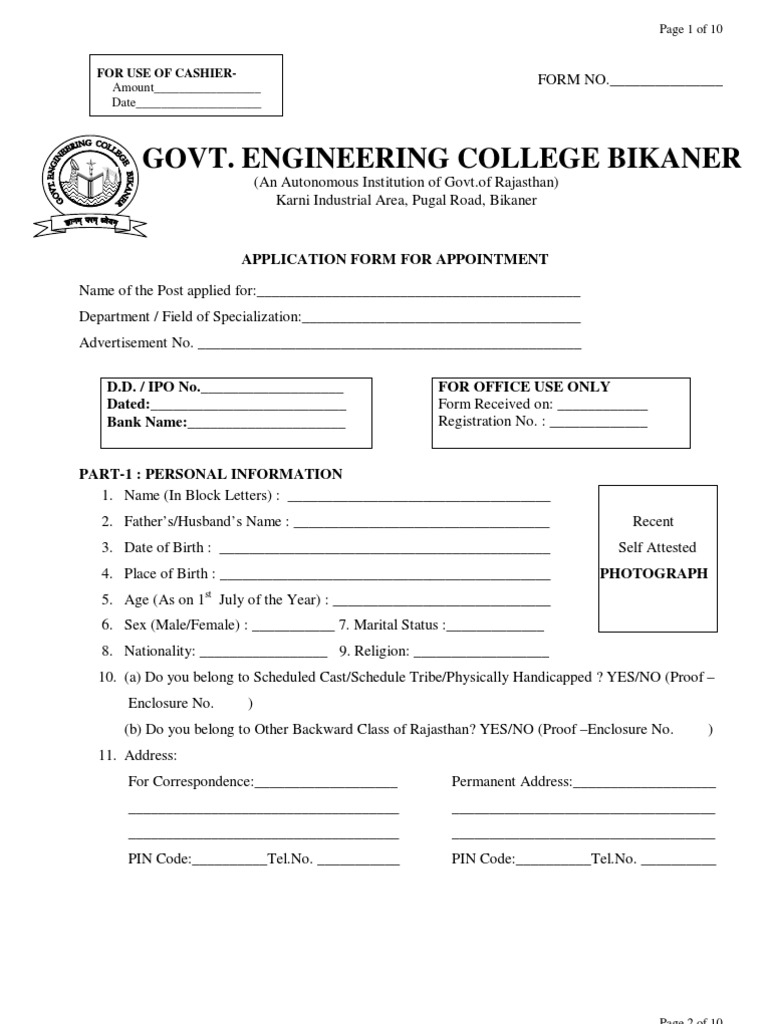 Govt. Engineering College Bikaner: Application Form For Appointment ...