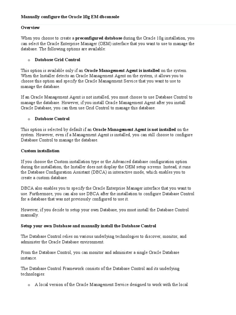Manually Configure The Oracle 10g EM Dbconsole | PDF | Oracle Database | Databases