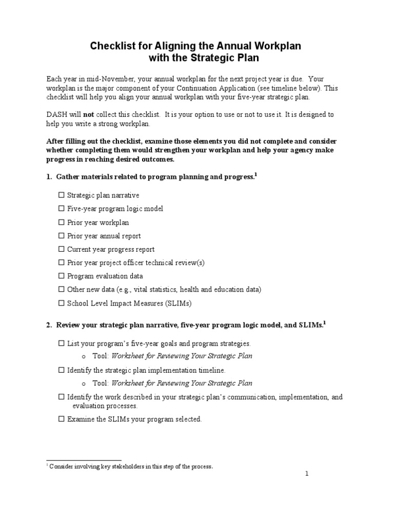 Checklist For Aligning The Annual Workplan With The Strategic Plan