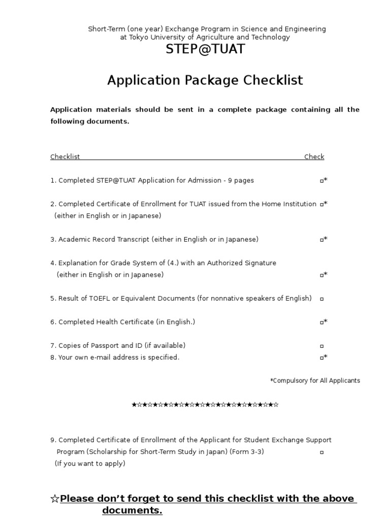 Step@Tuat Application Package Checklist | PDF | Academic Degree | Students