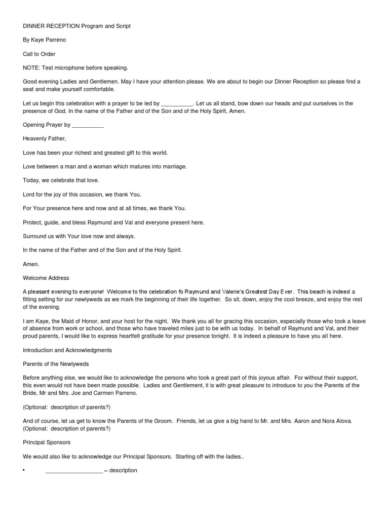 DINNER RECEPTION Program/Script | Wedding | Bride