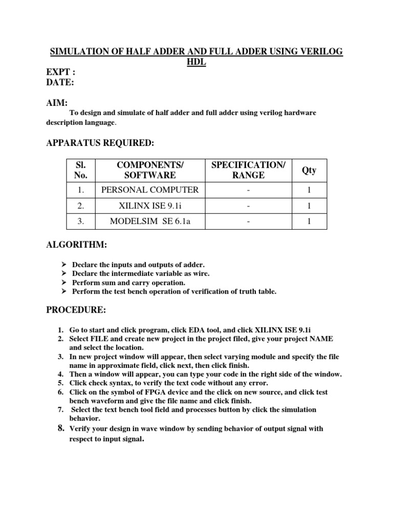 Simulation of Half Adder and Full Adder Using Verilog HDL | PDF ...
