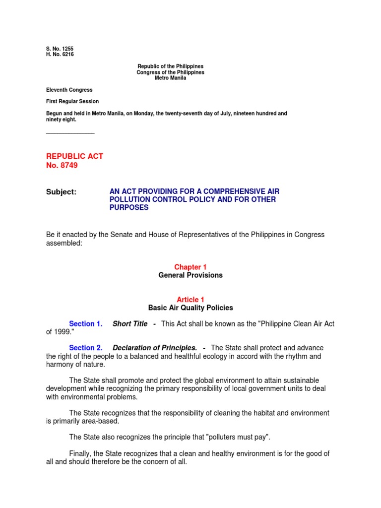 RA 8749 - Clean Air Act of 1999 (Philippines) | PDF | Emission Standard ...