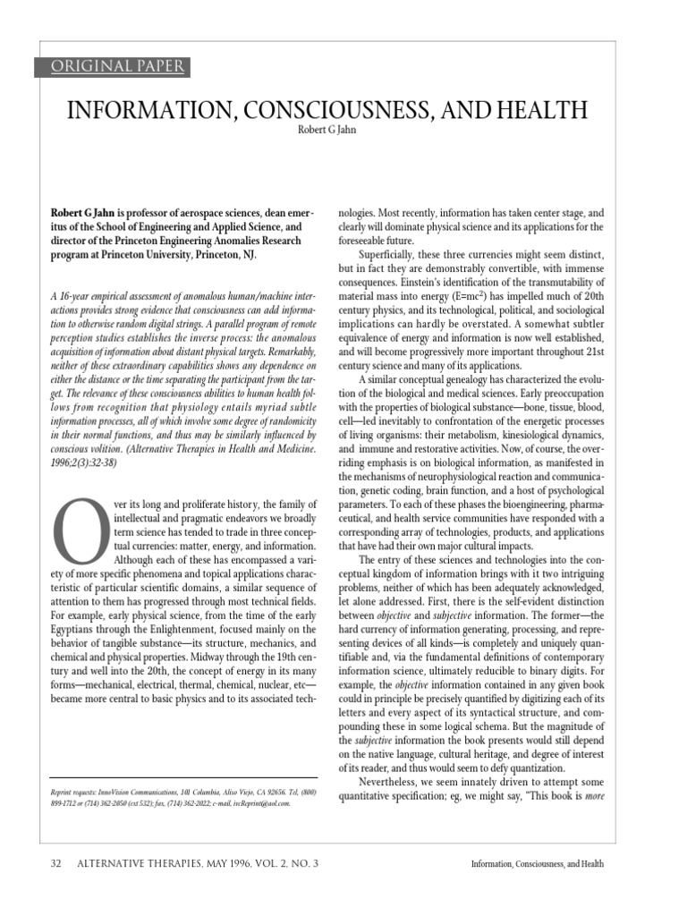 Information, Consciousness, and Health: Original Paper | PDF ...