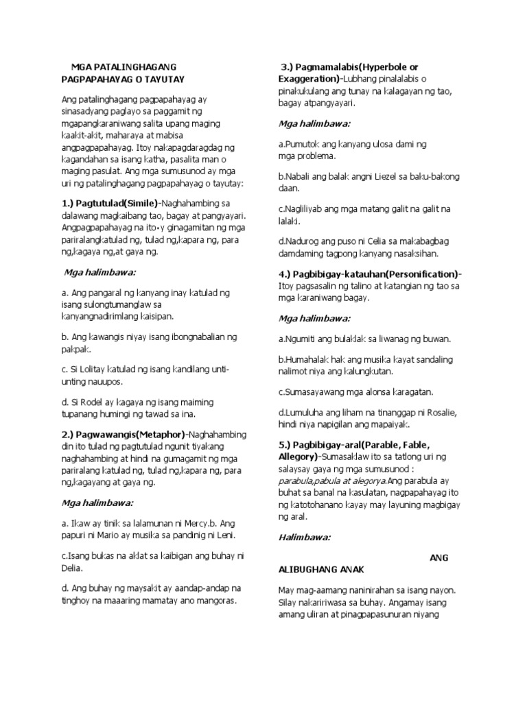 Mga Patalinghagang Pagpapahayag o Tayutay | PDF