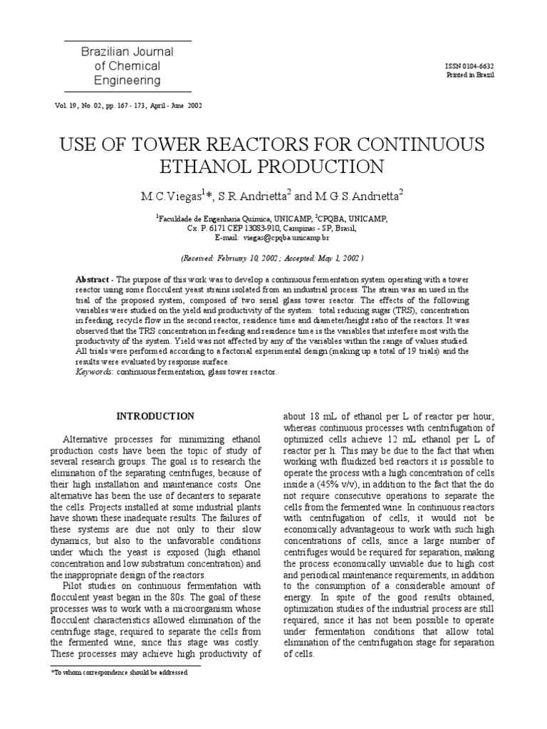 Tower Reactor | PDF | Chemical Reactor | Yeast