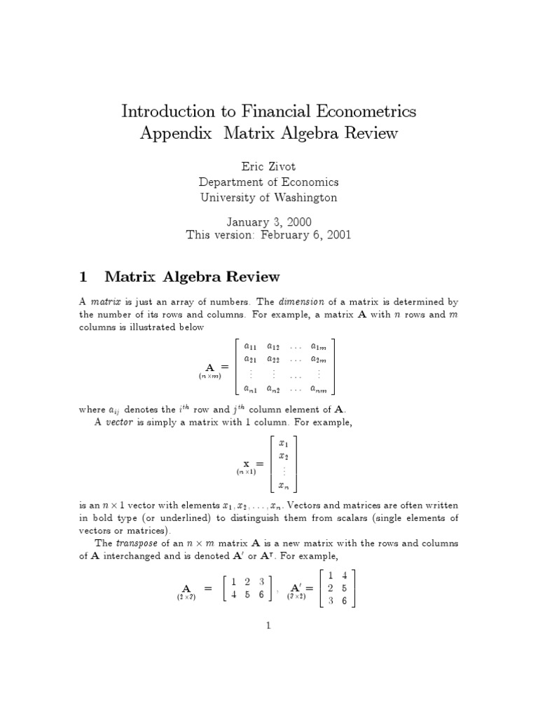 Introduction To Financial Econometrics Appendix Matrix Algebra Review Pdf Matrix