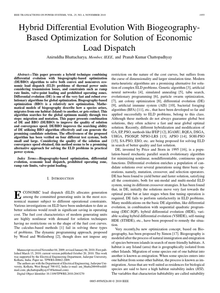 Hybrid Differential Evolution With Biogeography-Based Optimization For Solution of Economic Load ...