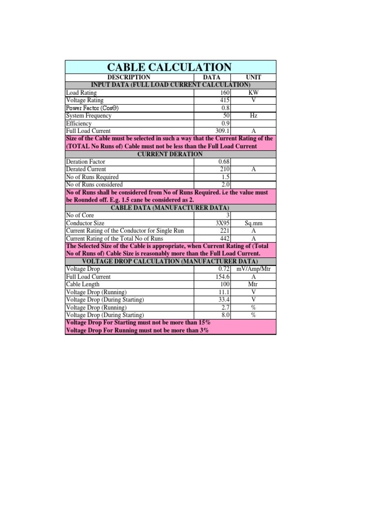 Cable Sizing Calculation | PDF | Science & Mathematics | Computers