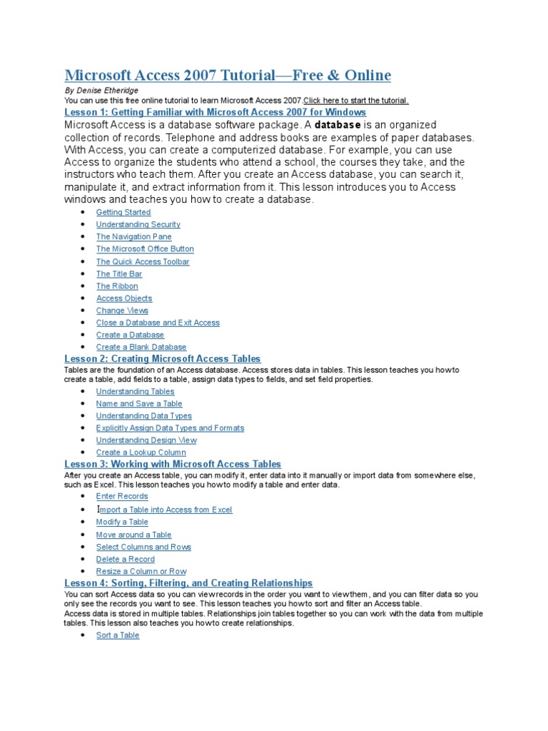 Microsoft Access 2007 Handout Materials | PDF | Microsoft Access | Databases