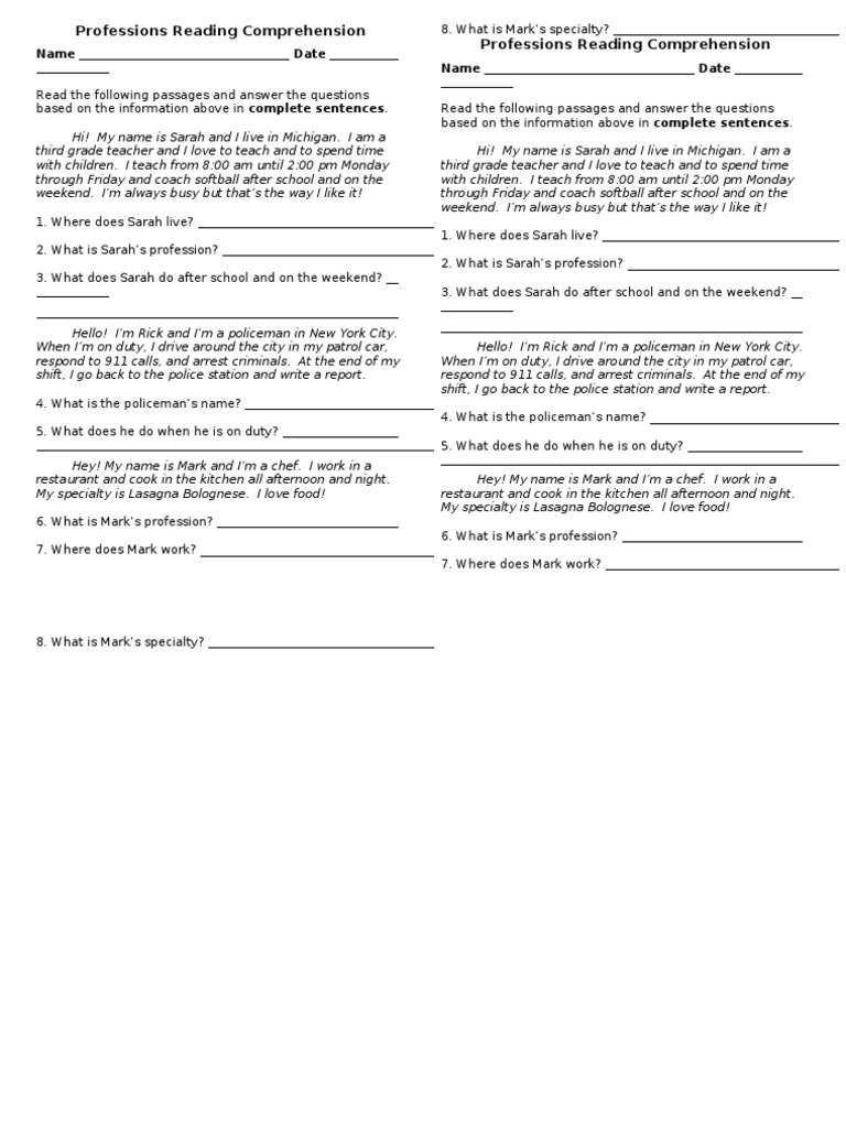 Professions Reading Comprehension Worksheet | PDF | Sports & Recreation ...